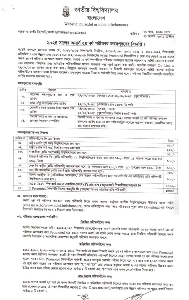 Honours 2nd Year Form Fill Up 2025- National University